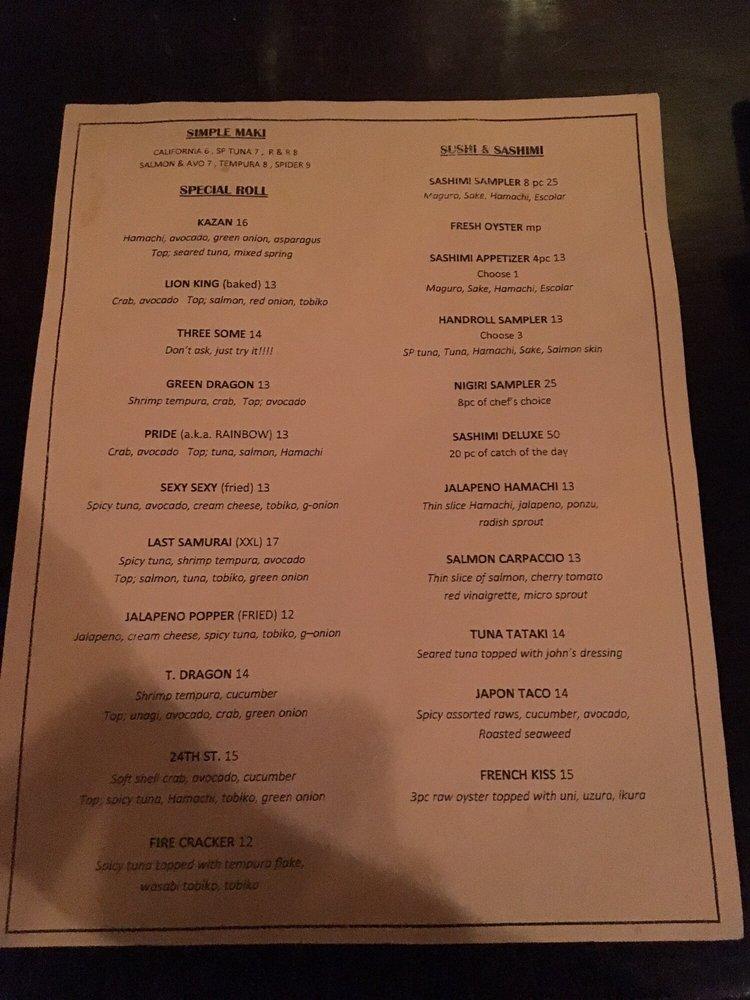 Menu at Kazan restaurant, San Francisco