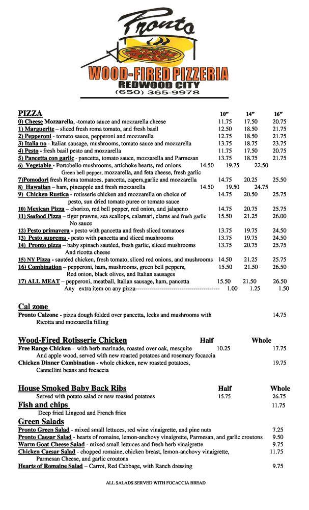 Menu at Pronto Pizza pizzeria, Redwood City