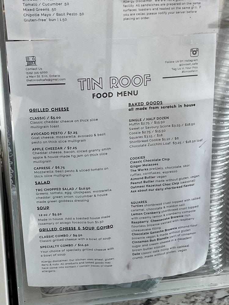 Menu at Tin Roof Cafe, Erin