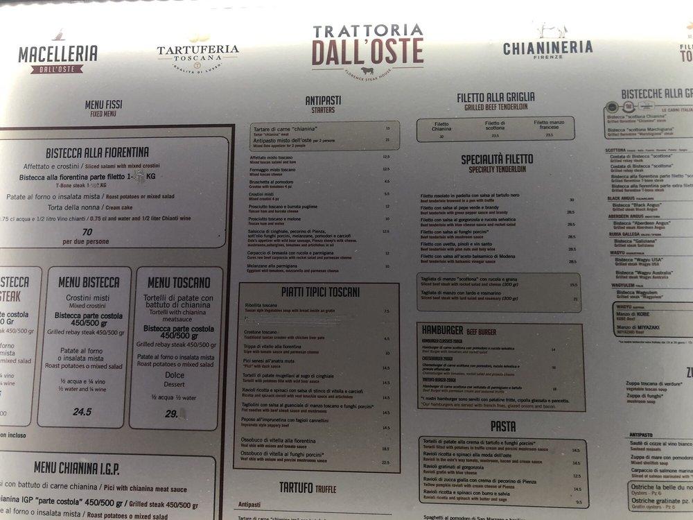 Menu at Trattoria Dall'Oste steakhouse, Florence, Borgo S. Lorenzo