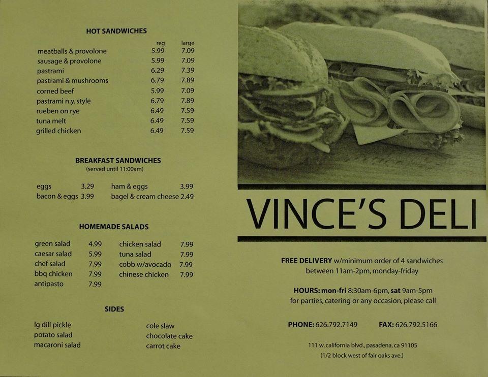 Menu at Vince's Deli restaurant, Pasadena