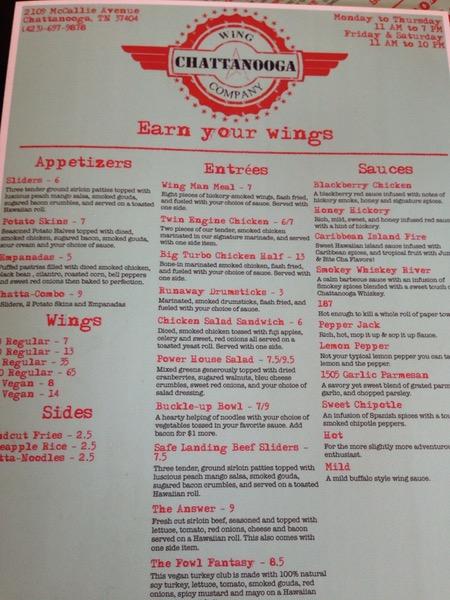 Menu at Chattanooga Wing Factory BBQ, Chattanooga, McCallie Ave