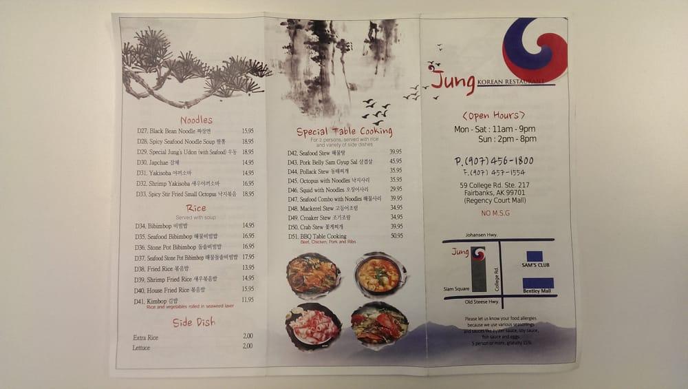 Menu at Jung's Korean Restaurant, Fairbanks