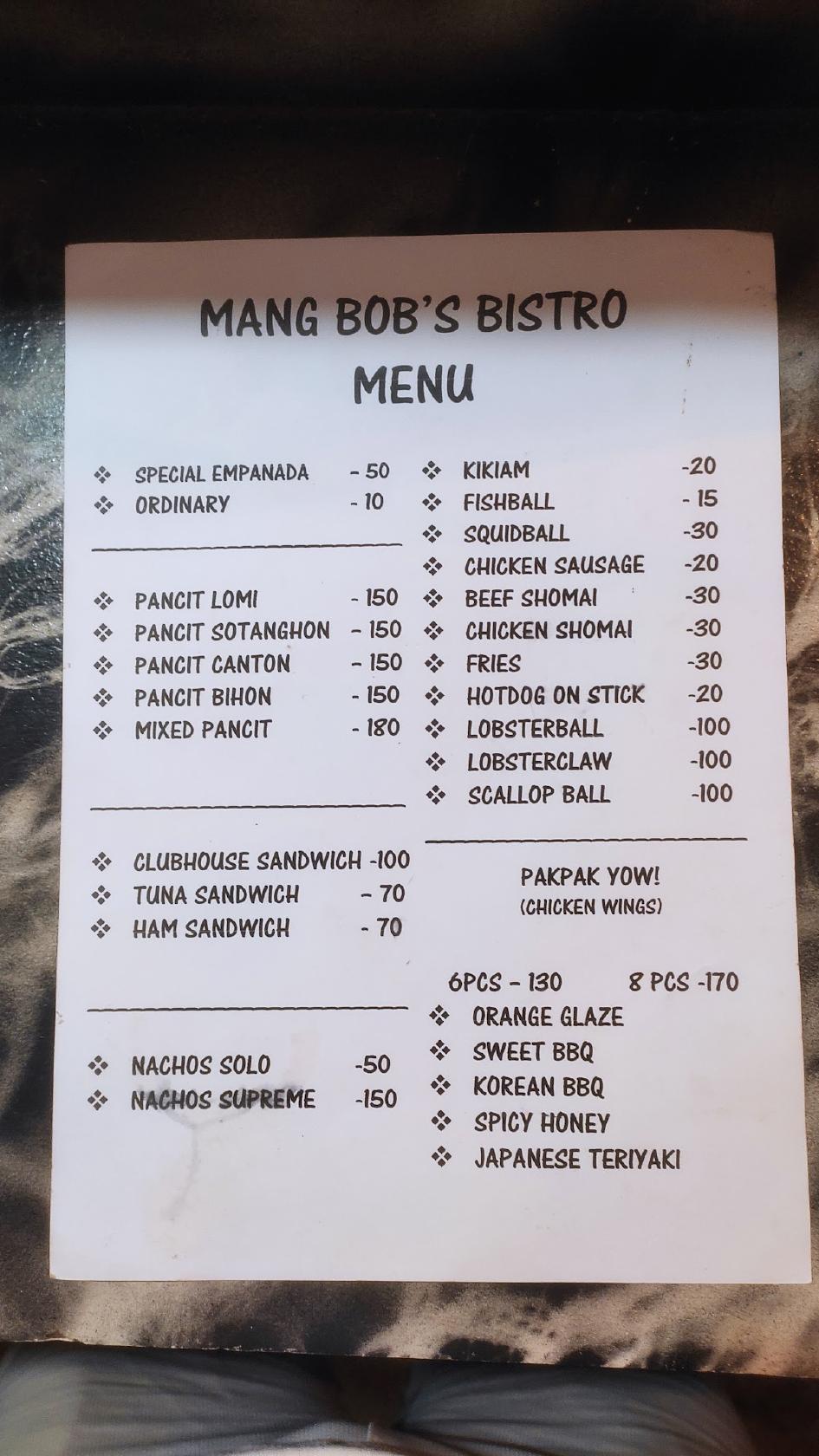 Menu at Mang Bob's Bistro restaurant, Vigan City