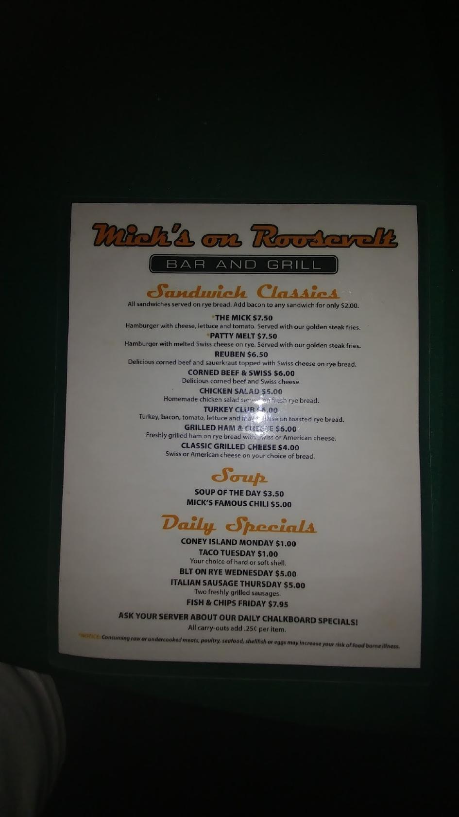 Menu at Mick's On Roosevelt pub & bar, Allen Park