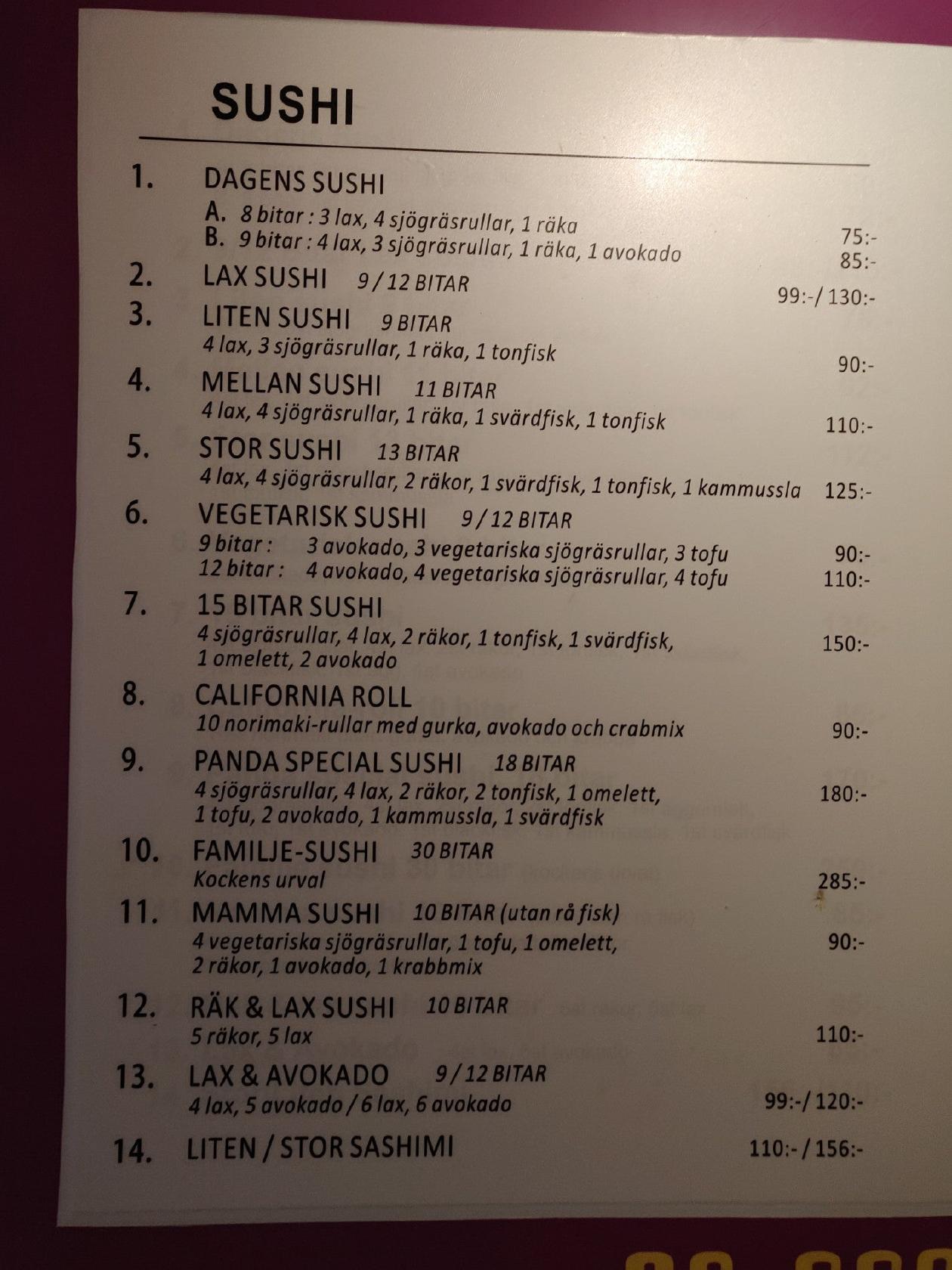 Menu at Panda Sushi Bar, Stockholm, Hornsgatan 146