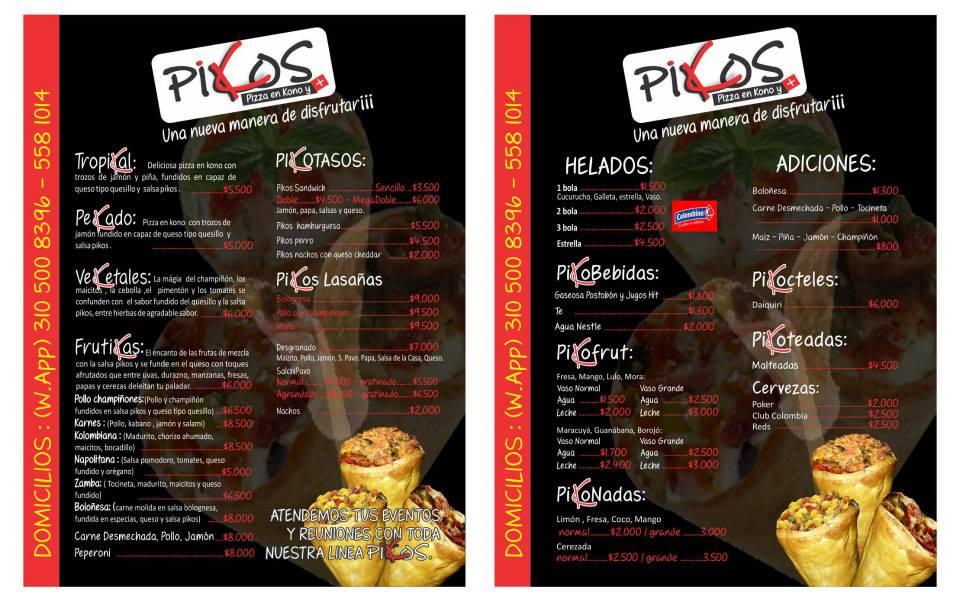 Menu at PiKos Pizza en Kono y + restaurant, Cali