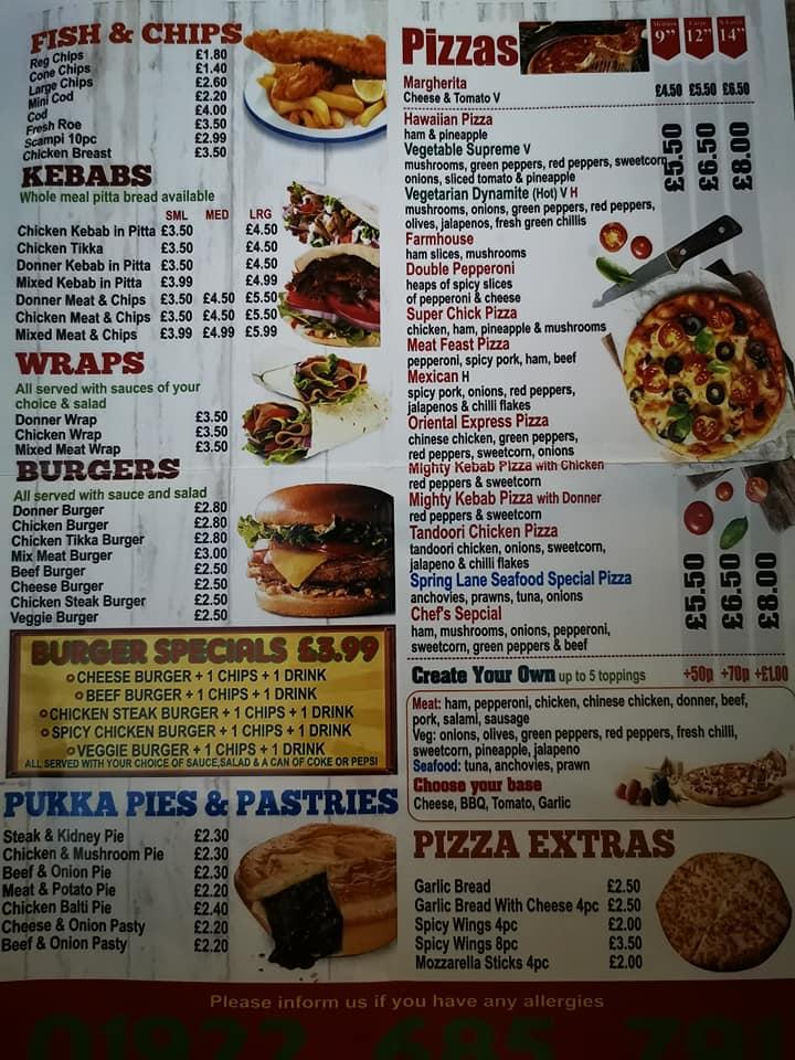 Menu at Spring Lane Fish Bar, Walsall