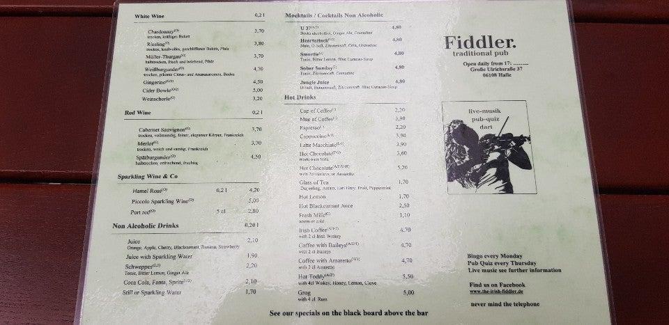 Speisekarte von The Irish Fiddler - Traditional Irish Pub - Halle ...