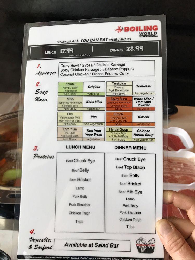 Menu at Boiling World restaurant, Ontario