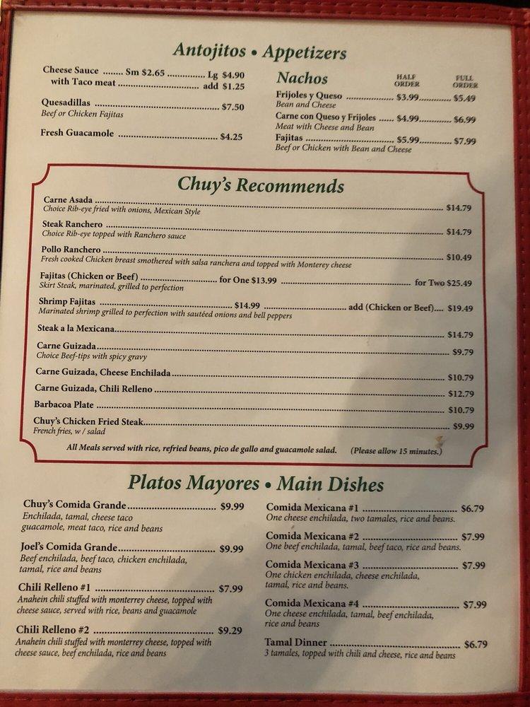 Menu at Chuy's Mexican Restaurant, Fort Worth, Boat Club Rd