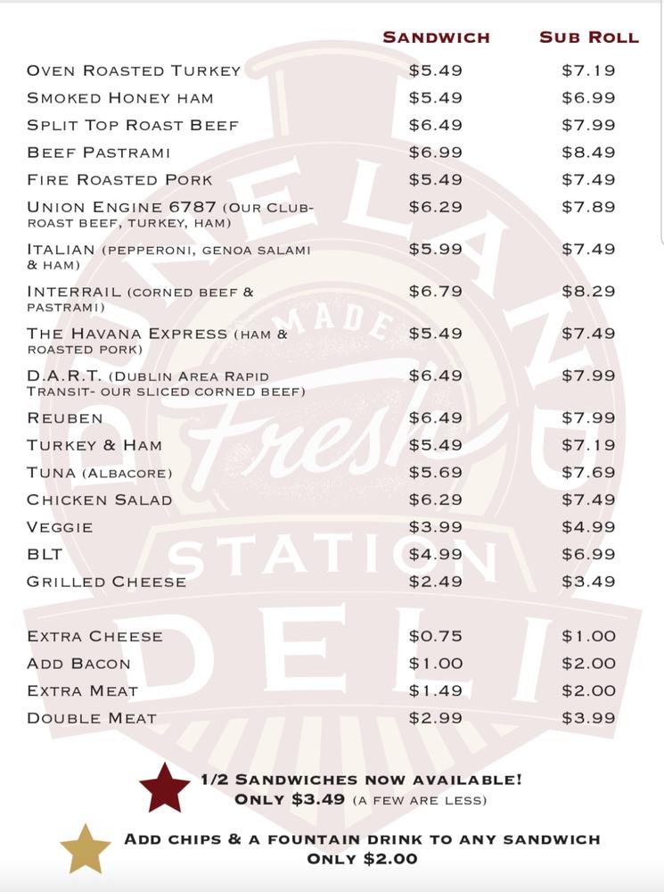 Menu at Duneland Station Deli restaurant, Chesterton