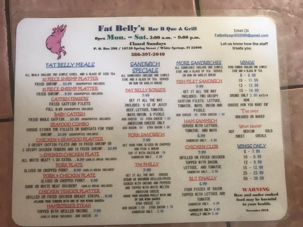 Menu at Fat Belly's BBQ, White Springs