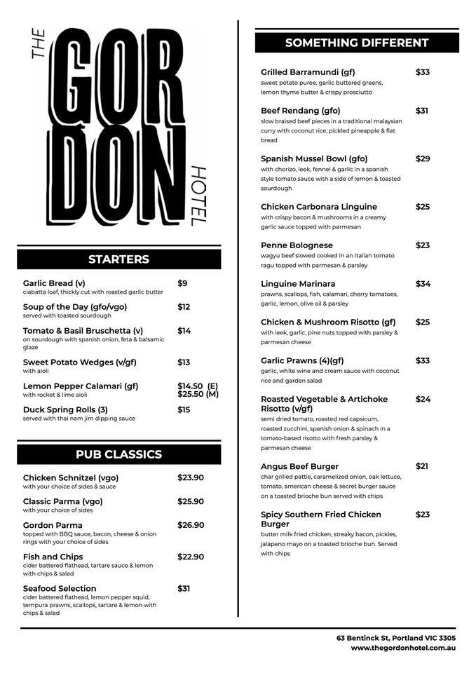 Menu at Gordon Hotel pub & bar, Portland