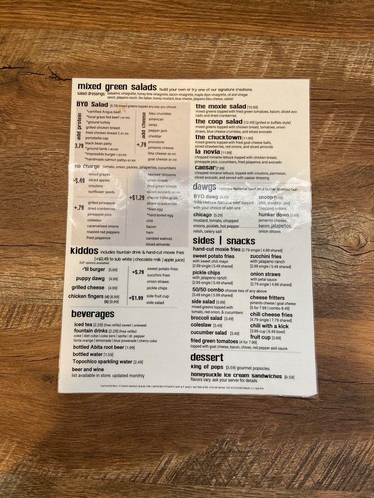 Menu at Moxie Burger restaurant, Marietta, Shallowford Rd #158