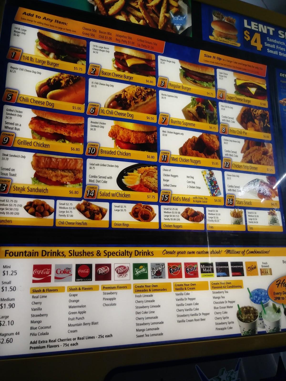 Menu at Stars Drive-In fast food, La Feria