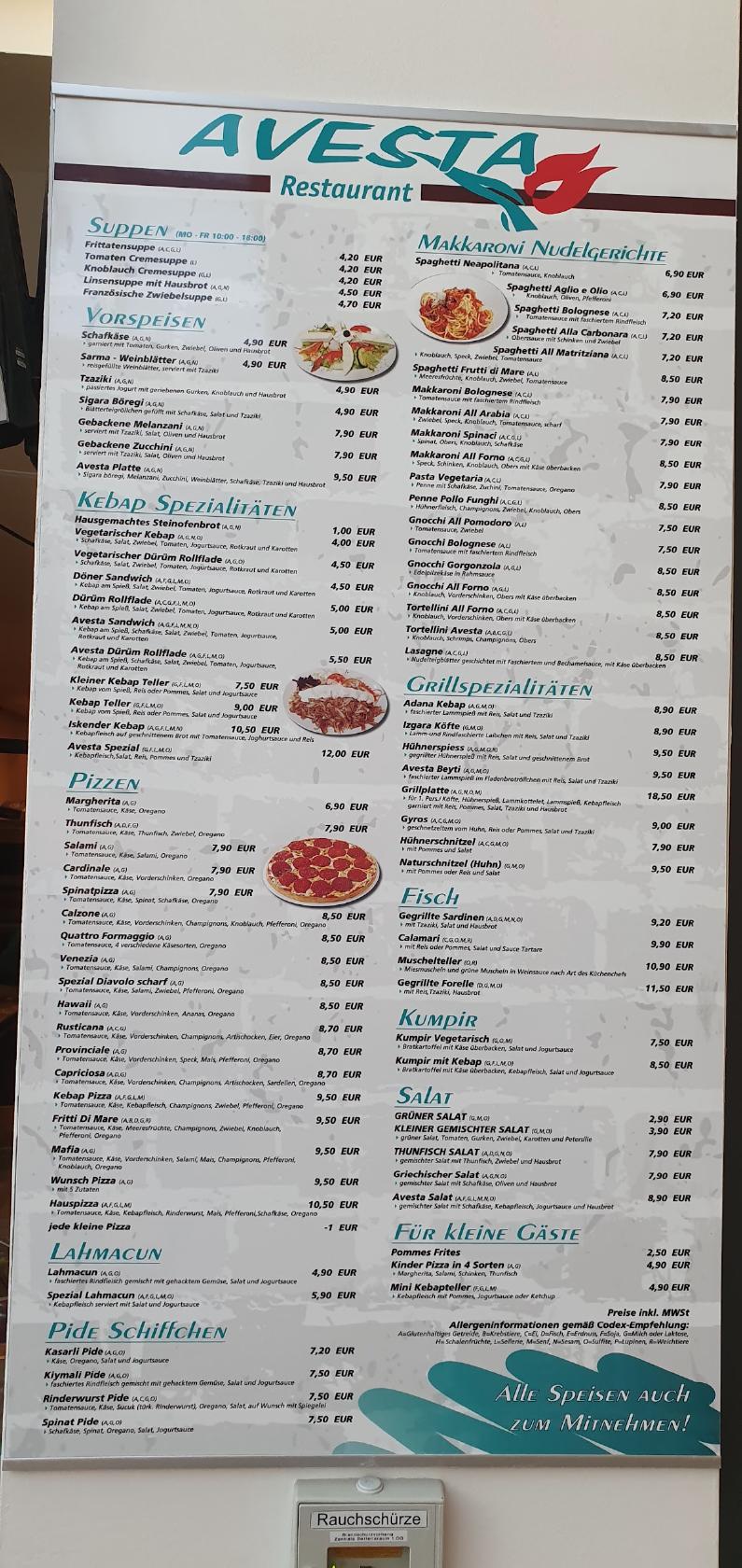 Menu at Avesta restaurant, Ansfelden