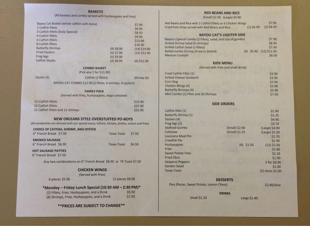 Menu at Bayou Cat restaurant, Arlington