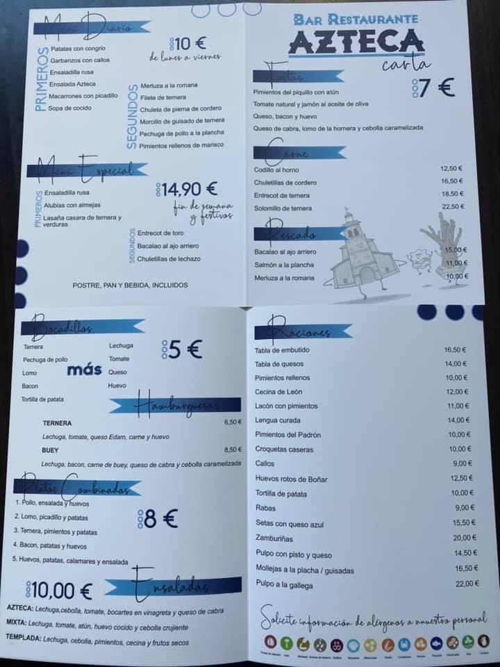 Menu at Bar restaurante Azteca, Boñar