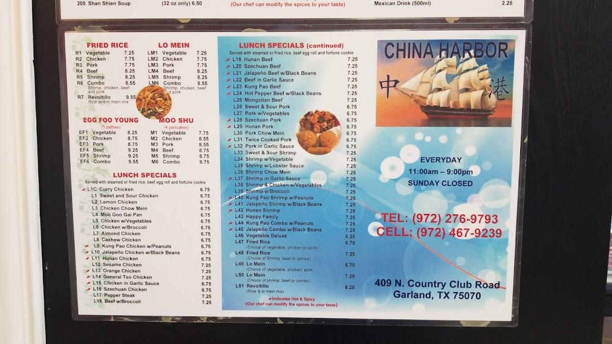 Menu at China Harbor restaurant, Garland