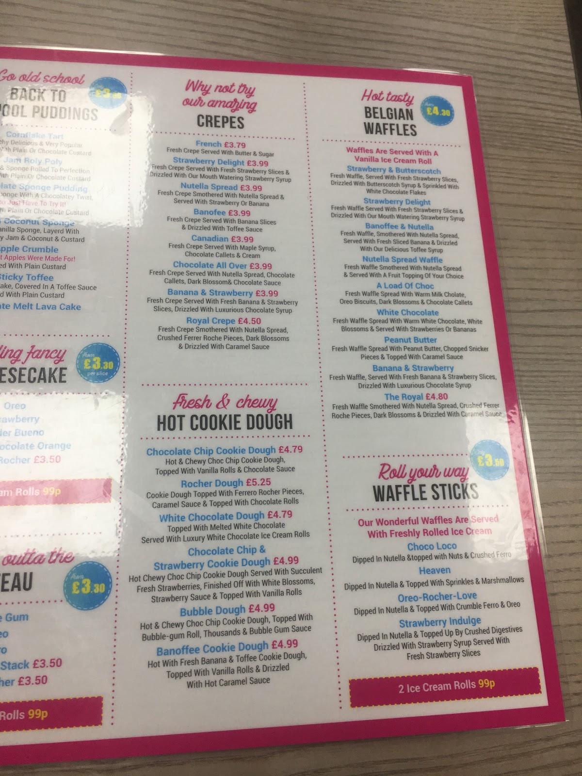 Menu at Ice Roll Factory, Keighley