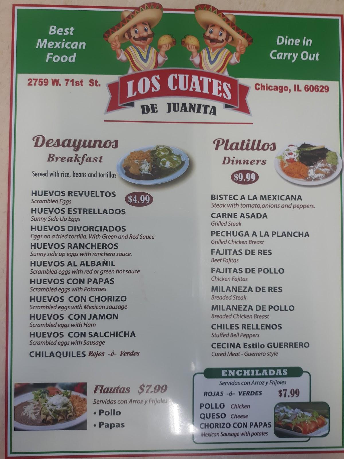 Carta del restaurante Los Cuates del Juanita's, Chicago