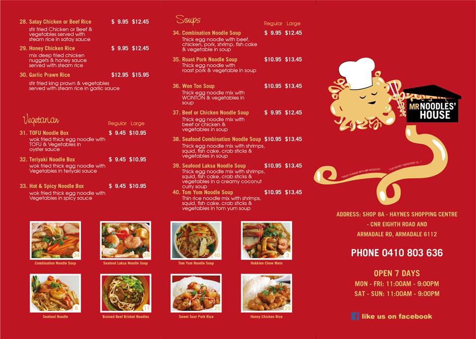 Menu at Mr Noodles' House restaurant, Kelmscott