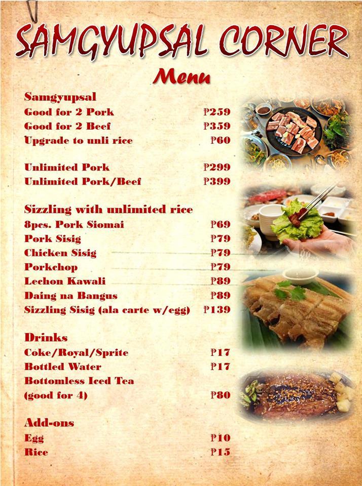 Menu at Samgyupsal Corner restaurant, San Pedro