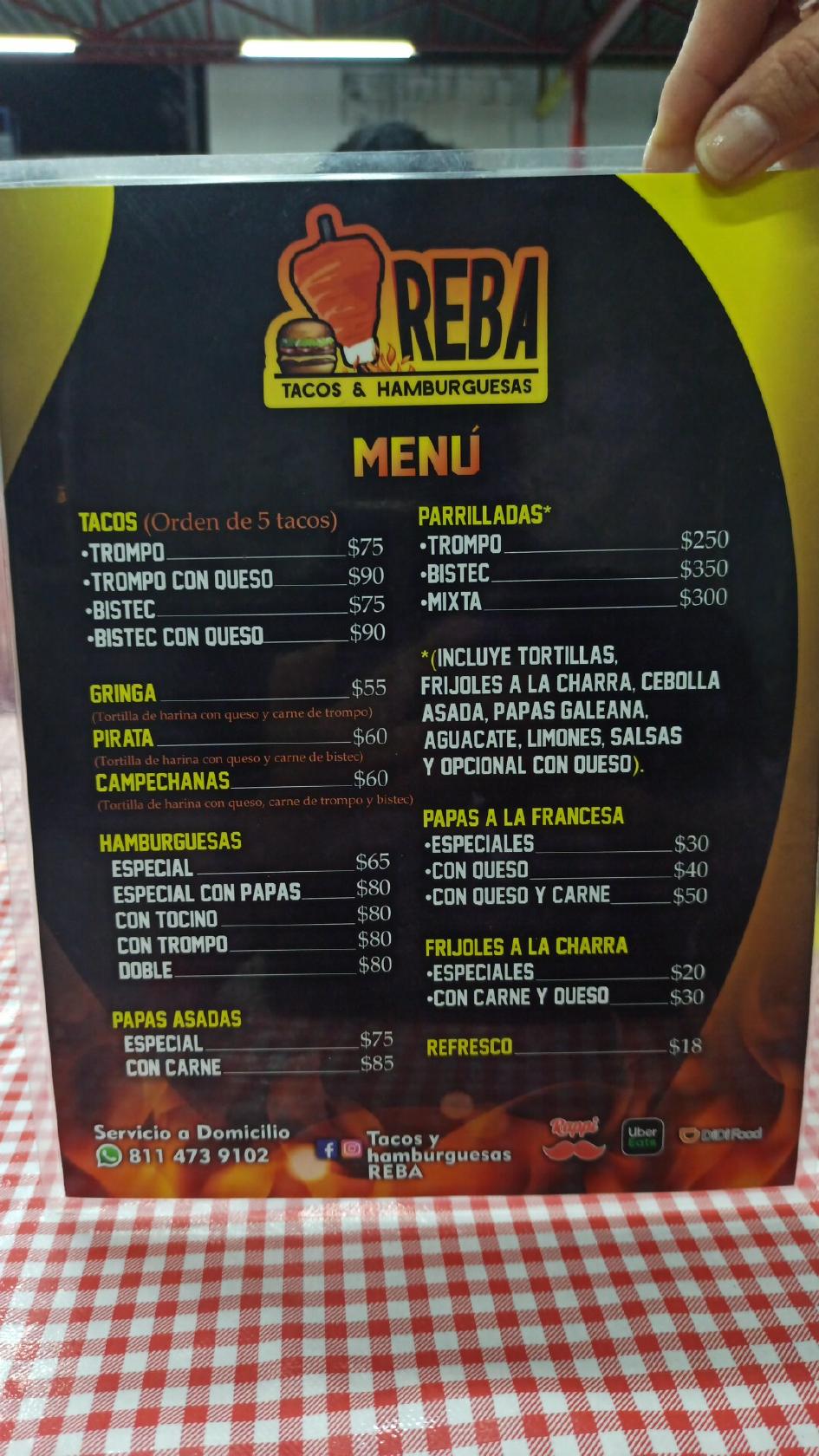 Menu at Tacos REBA antes La Bala restaurant, Monterrey, Av. Ruiz Cortines