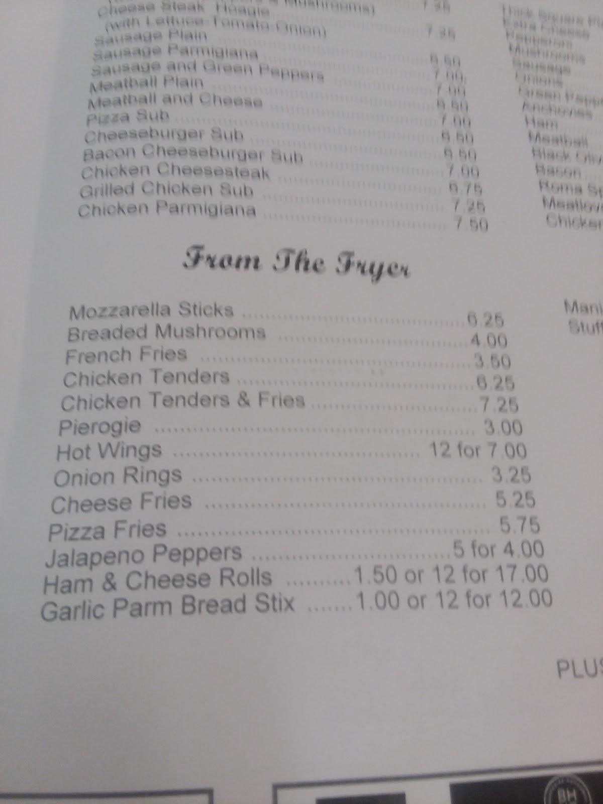 Menu at Tony's Romas pizzeria, Myerstown