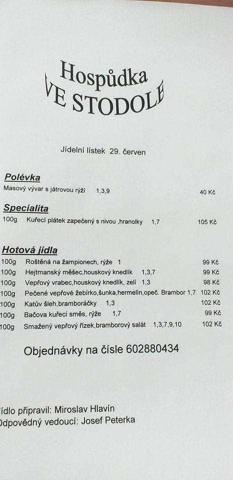 Menu at Stodola restaurant, Milevsko
