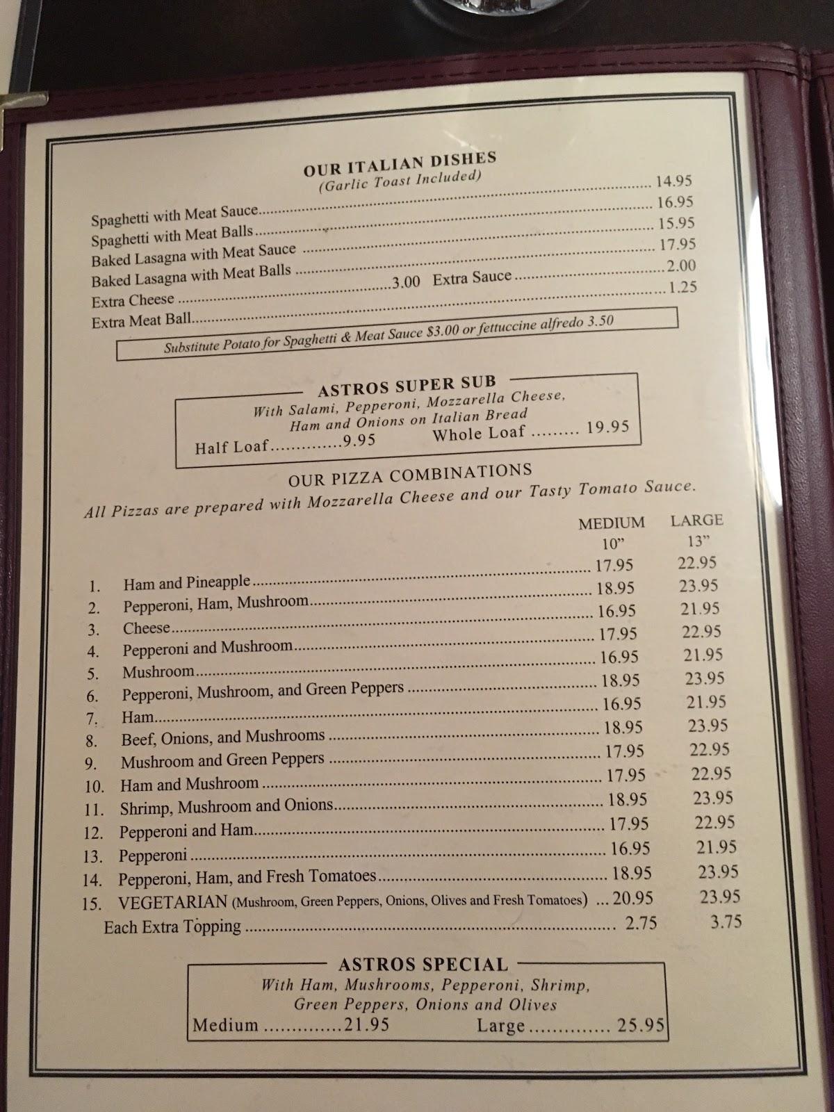 Carta de Astros Restaurant, Edmonton