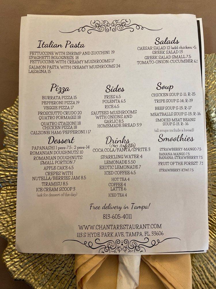 Menu at Chanta pizzeria, Tampa