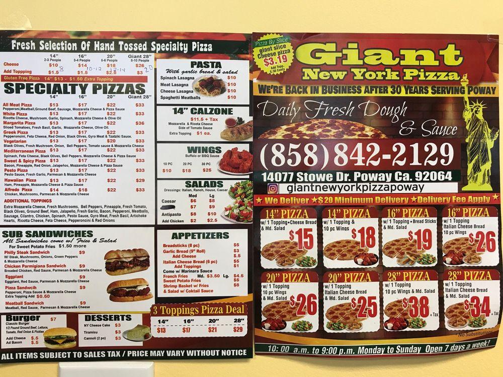 Menu at Giant New York Pizza pizzeria, Poway, Stowe Dr STE 108