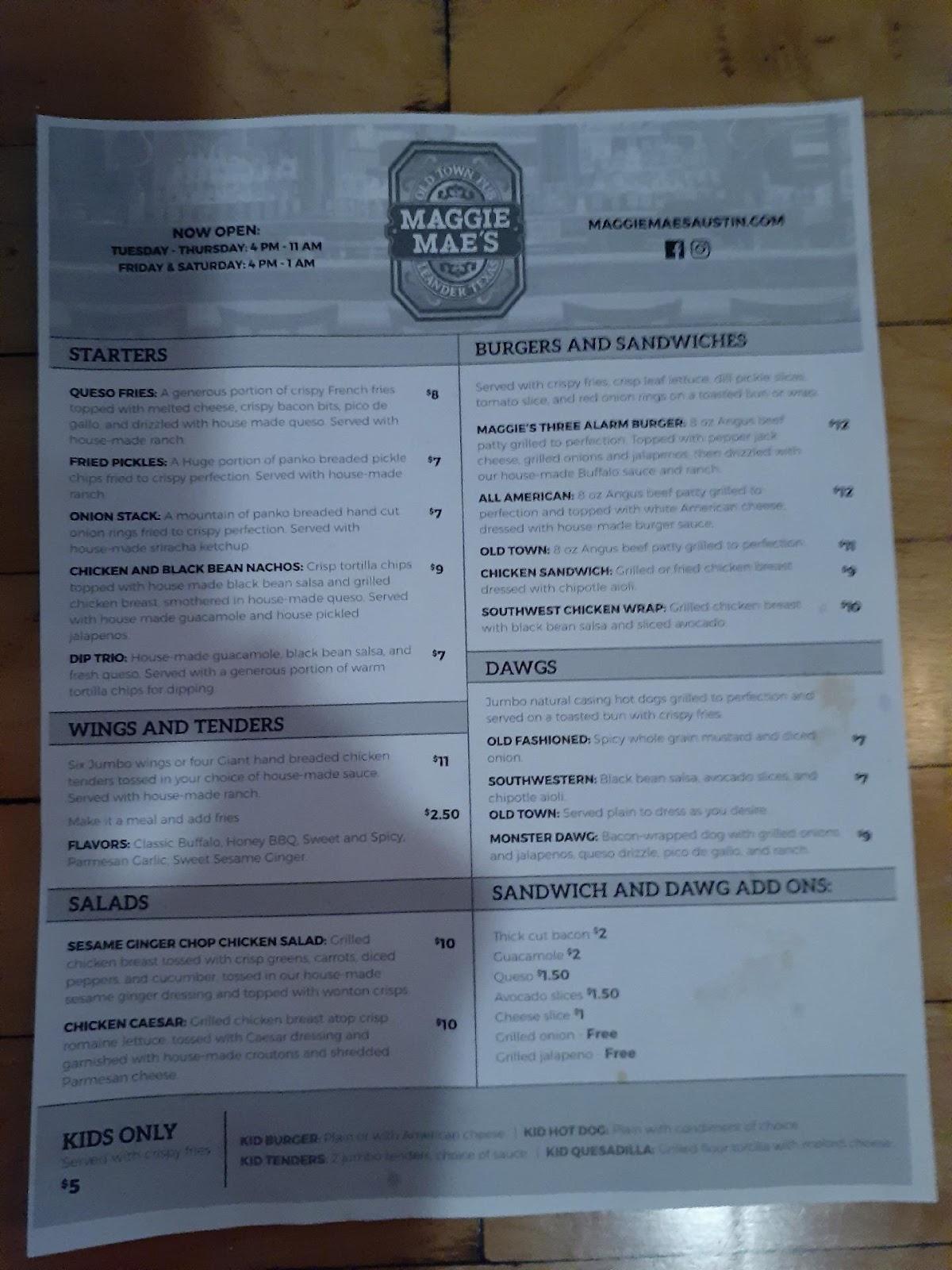 Menu at Maggie Mae's Leander pub & bar, Leander