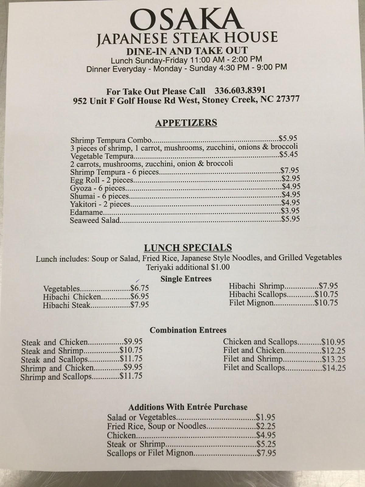 Menu at Osaka Japanese Steak House steakhouse, Whitsett