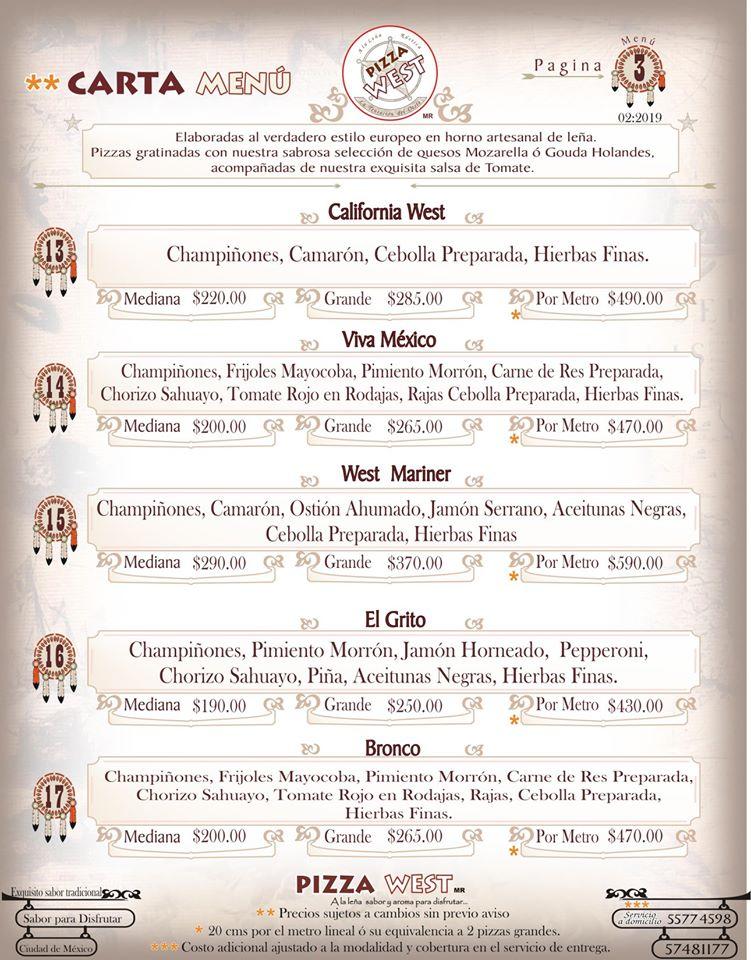Menu at Pizza West pizzeria, Mexico City