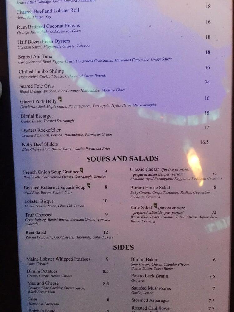 Menu at Bimini Steakhouse, Reno