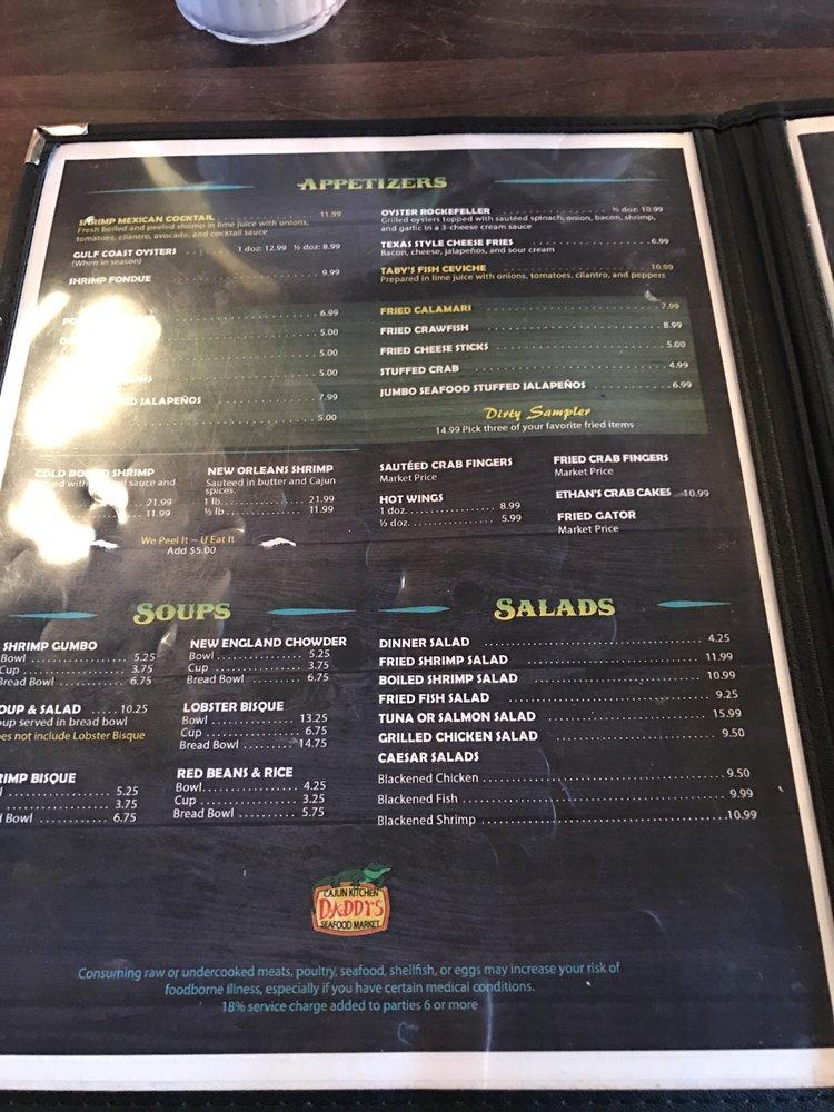 Menu at Daddy's Seafood & Cajun Kitchen restaurant, South Padre Island