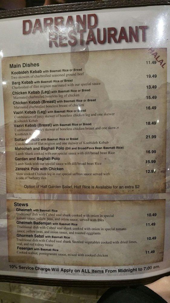 Menu at Darband Restaurant, Toronto