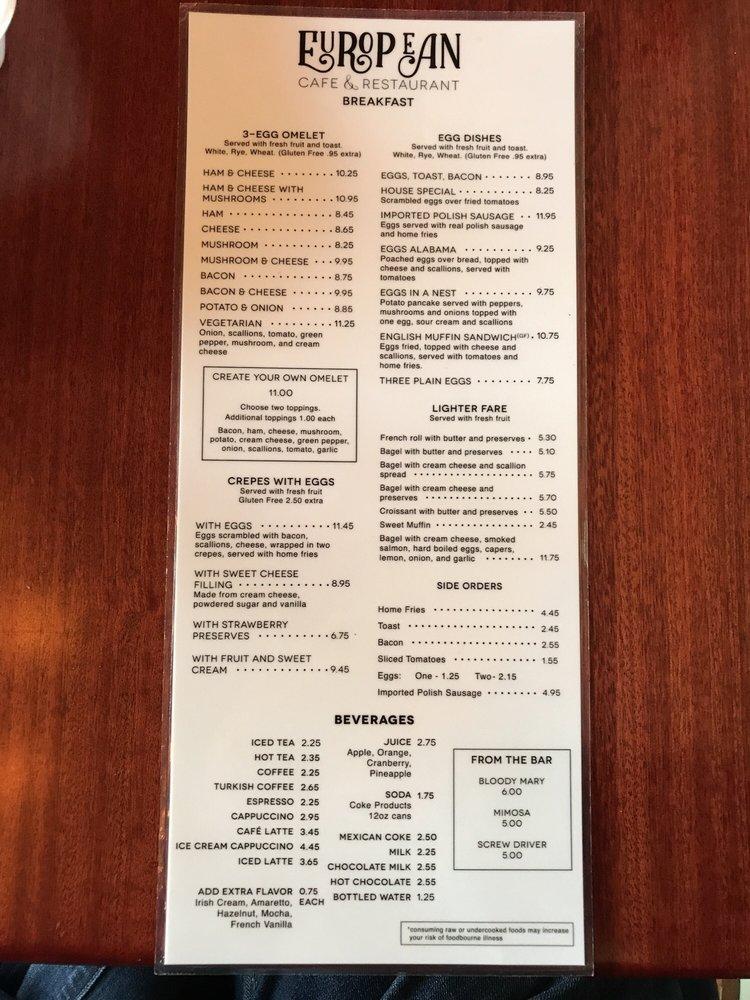 Menu at European Cafe and Restaurant, Colorado Springs, Colorado Ave