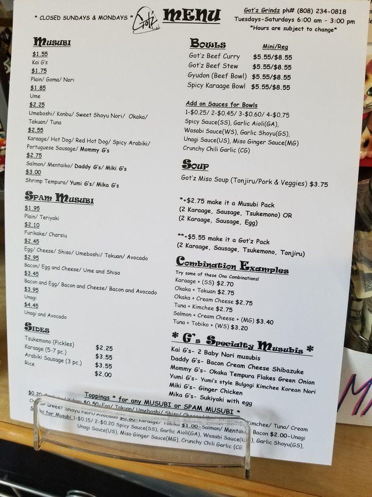 Menu at Got'z Grindz restaurant, Kaneohe