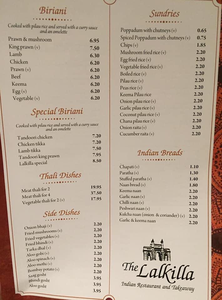 Menu at Lalkilla restaurant, Warrington, 103 Orford Ln