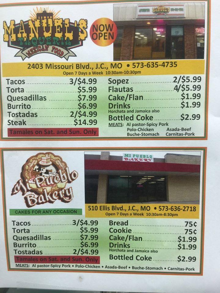 Menu at Manuel's Taqueria restaurant, Jefferson City