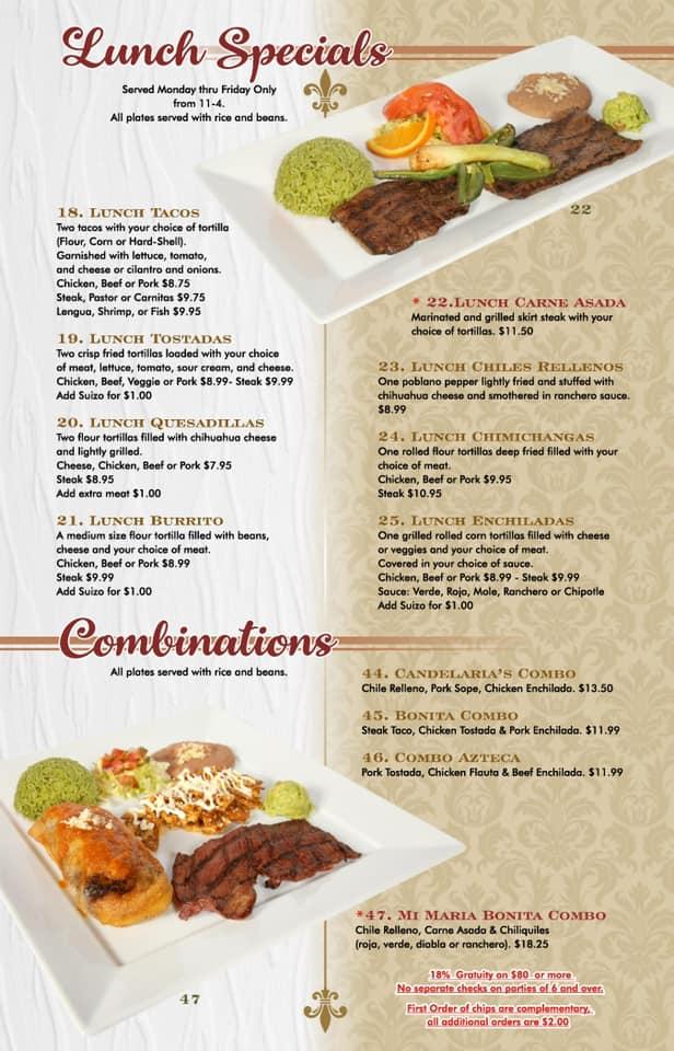 Menu at Mi Maria Bonita restaurant, Griffith