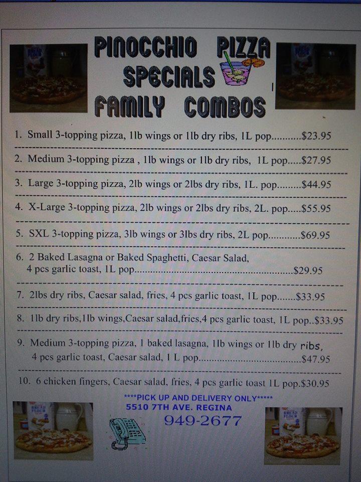 Menu at Pinocchio Pizza & Burgers pizzeria, Regina