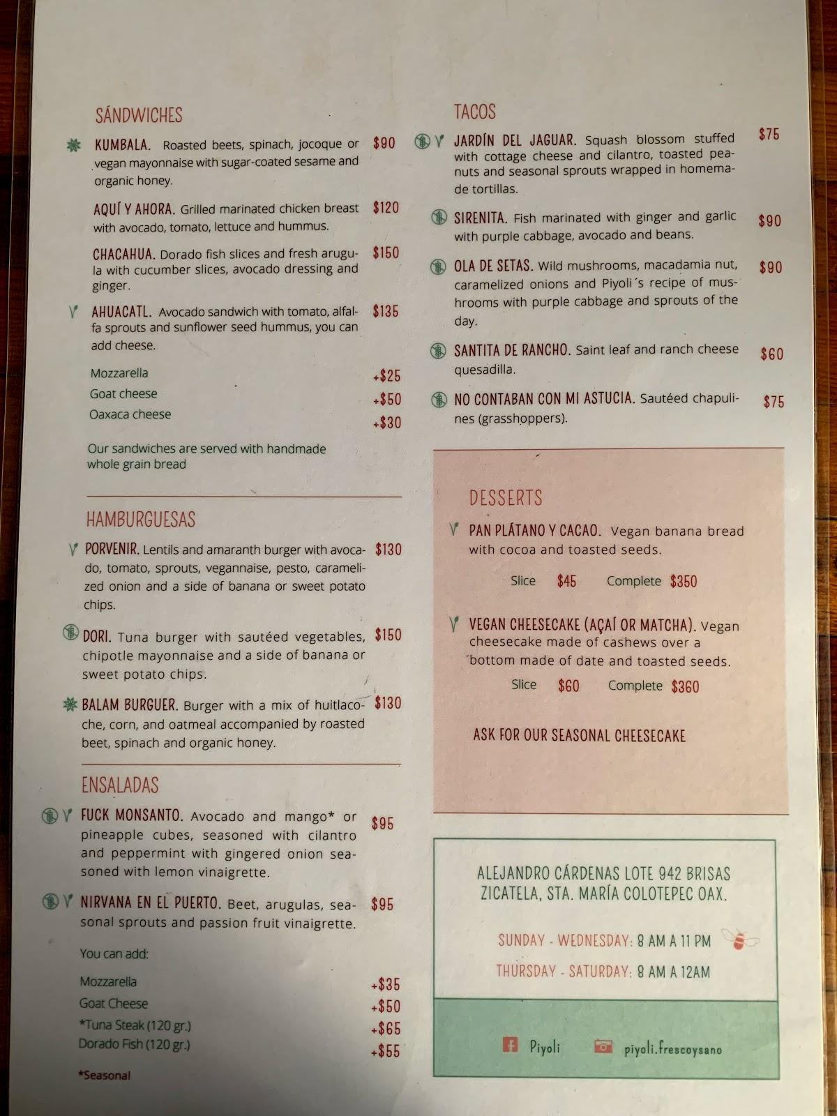 Carta del restaurante Piyoli Punta Zicatela, Puerto Escondido