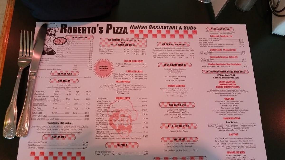 Menu at Roberto's Pizza pizzeria, Westminster