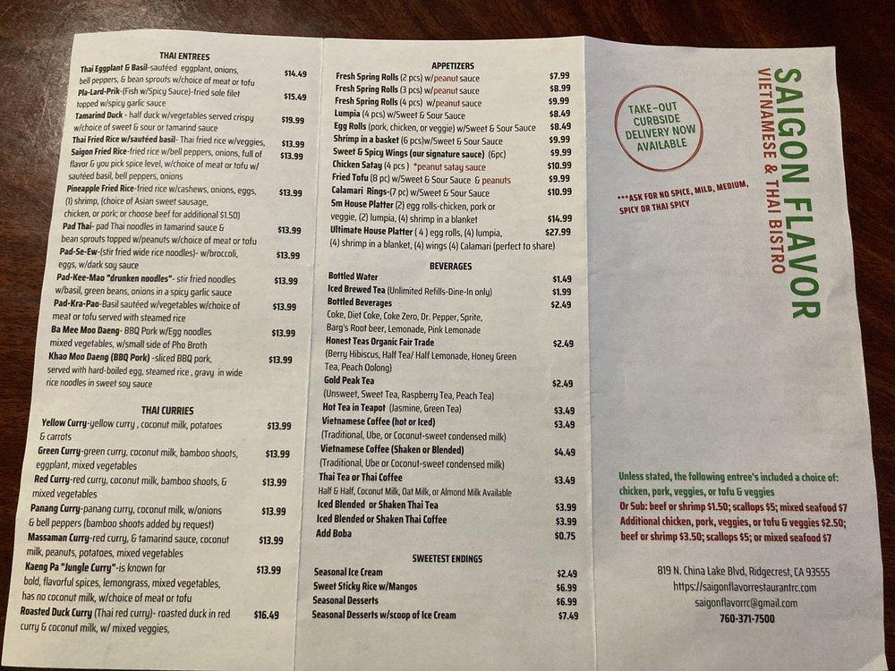 Menu at Saigon Flavor restaurant, Ridgecrest