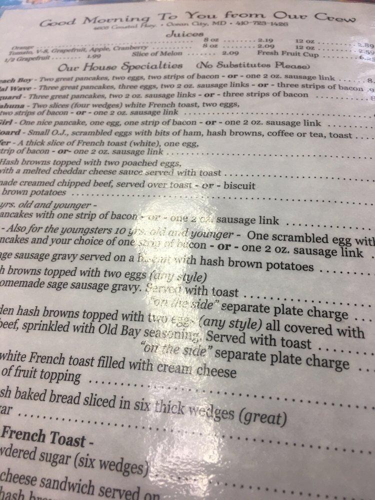 Menu at Satellite Cafe, Ocean City, Coastal Hwy